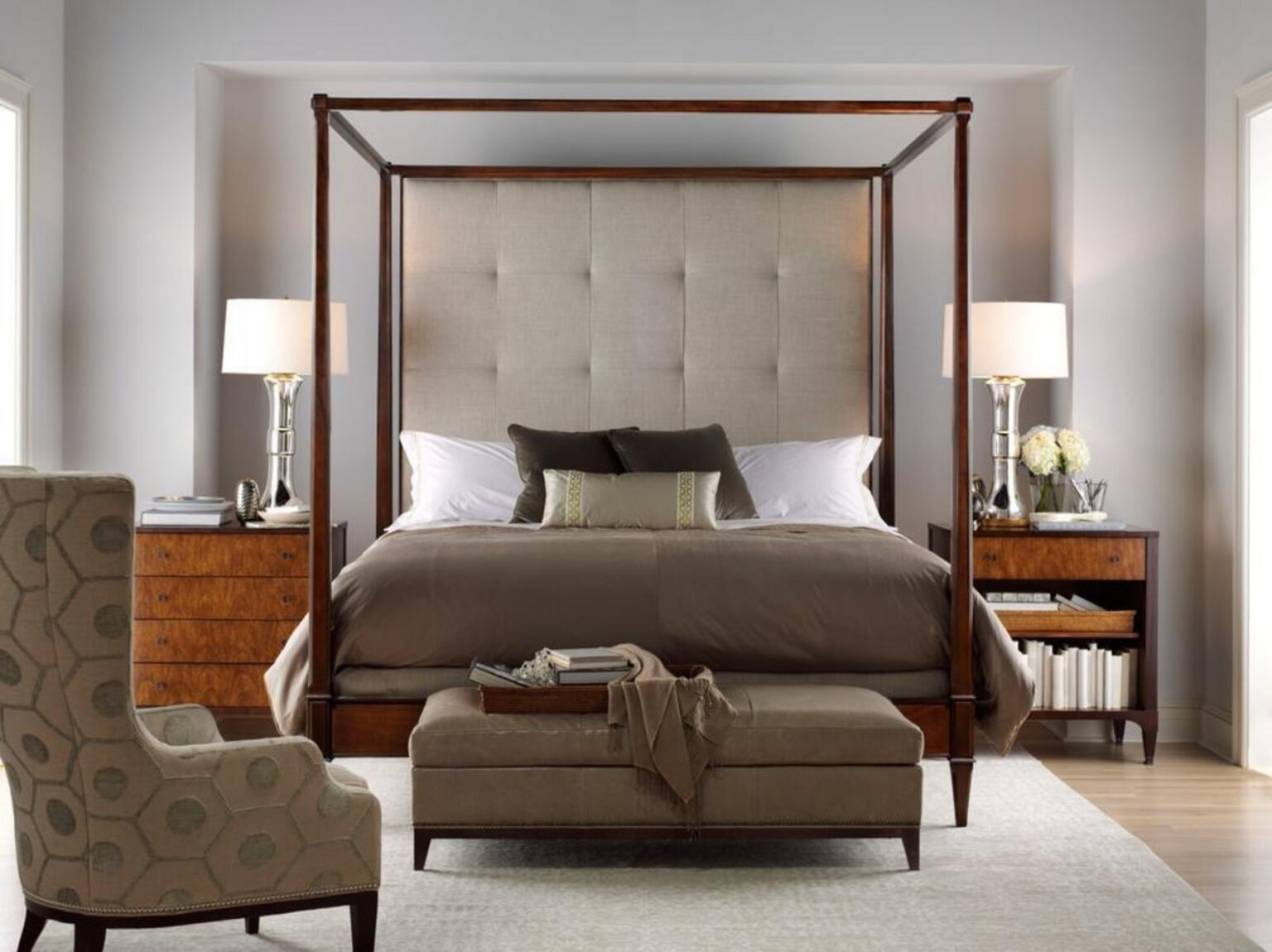 Artisan Queen Poster Bed with Tall Upholstered Headboard by Hickory Chair